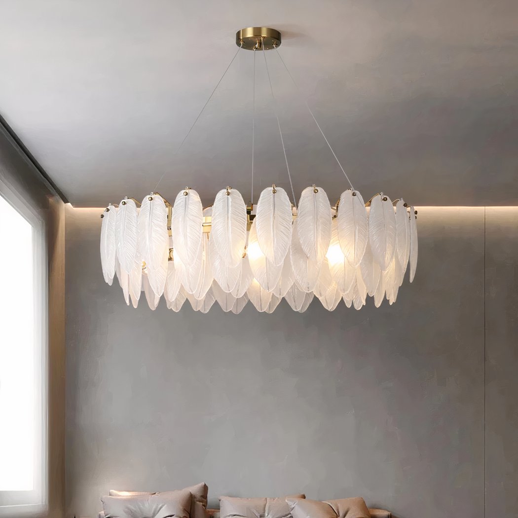 Lustre LED rond avec des pampilles en verre blanc en forme de plumes ...