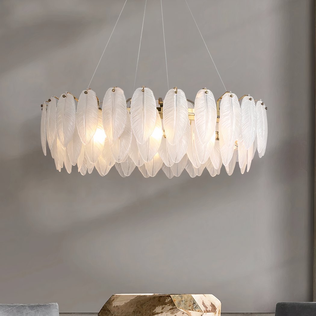 Lustre LED rond avec des pampilles en verre blanc en forme de plumes ...