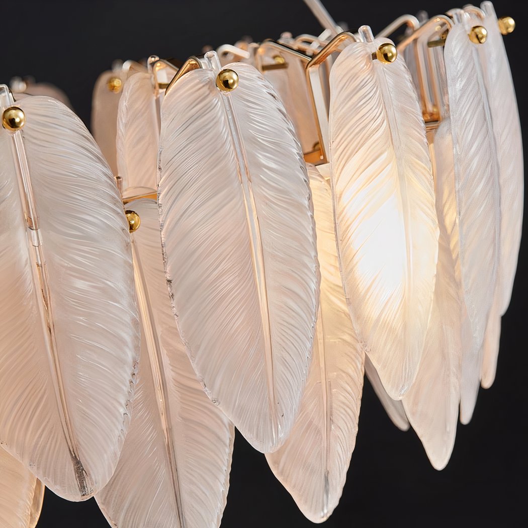 Lustre LED rond avec des pampilles en verre blanc en forme de plumes ...