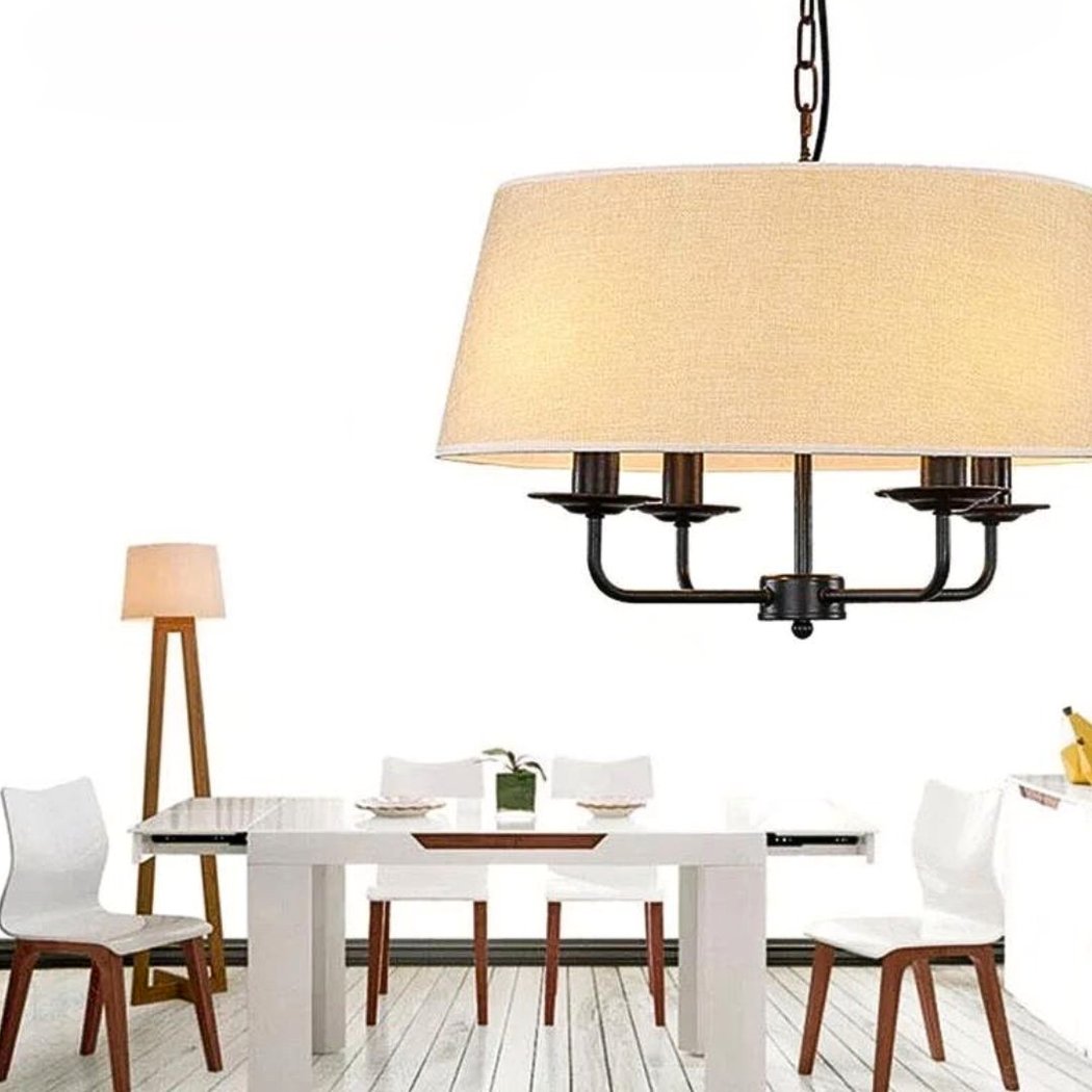 Lustre suspendu vintage en fer forgé avec un abat-jour en tissu • Luminaires Tendance
